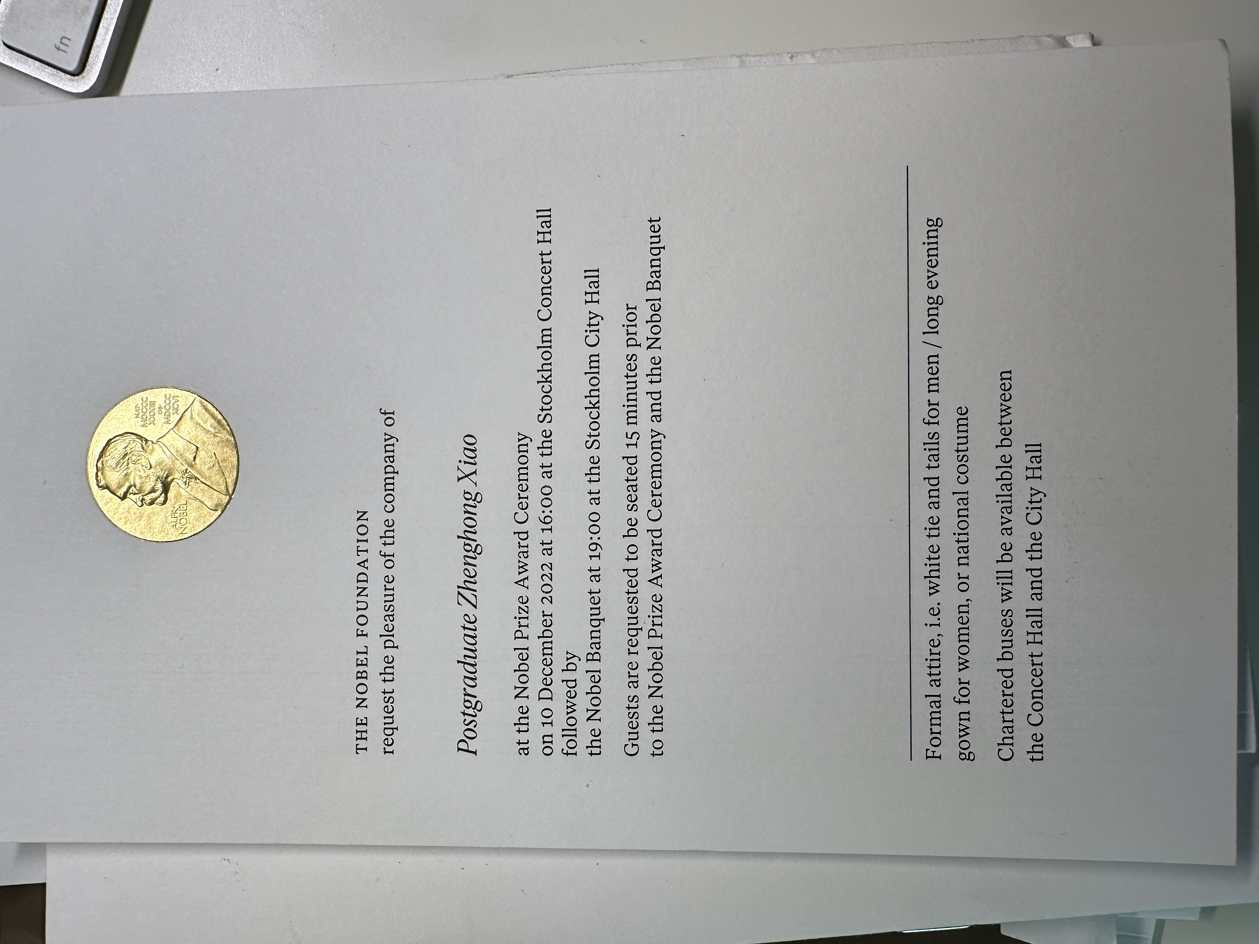 Attending the Nobel Ceremony 2022 - Zhenghong / Personal Website